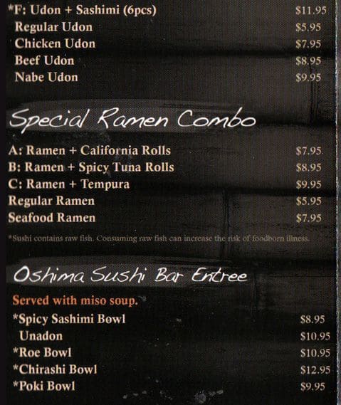 Menu at Oshima Sushi restaurant, Everett