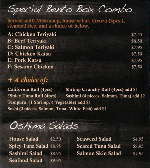 Menu at Oshima Sushi restaurant, Everett
