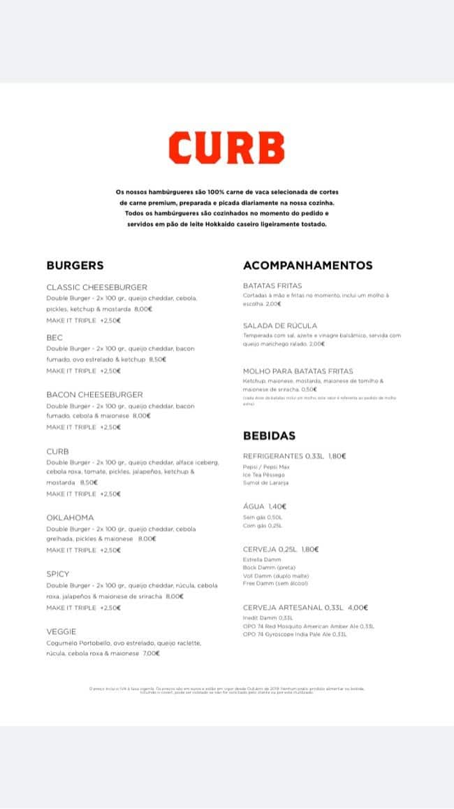 Menu em CURB restaurante, Porto, Rua de Belomonte