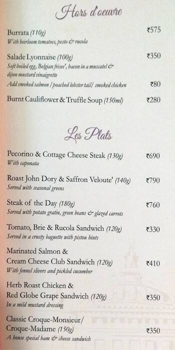 Menu at L’Opéra by PVR, New Delhi