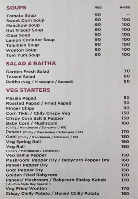 Menu of Ambari Gardenia, Kengeri, Bangalore