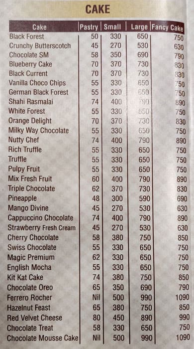 Menu of Merak Cake Shop, Chembur, Mumbai
