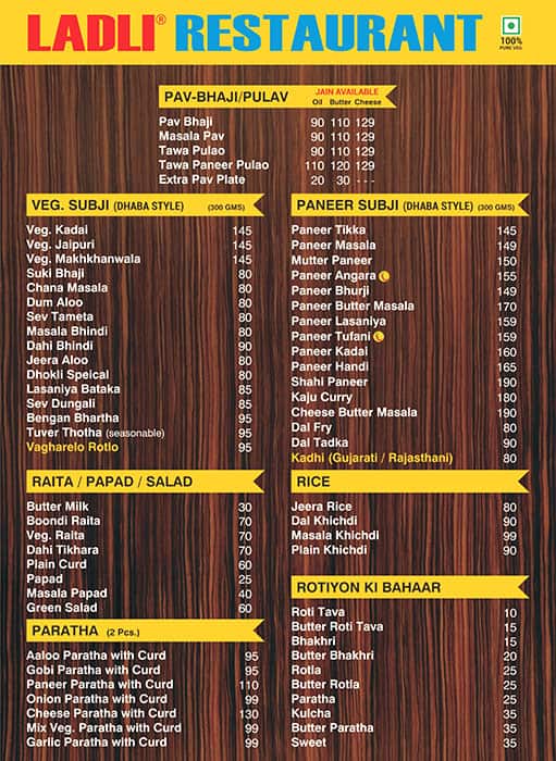 Menu of Ladli Restaurant, Paldi, Ahmedabad