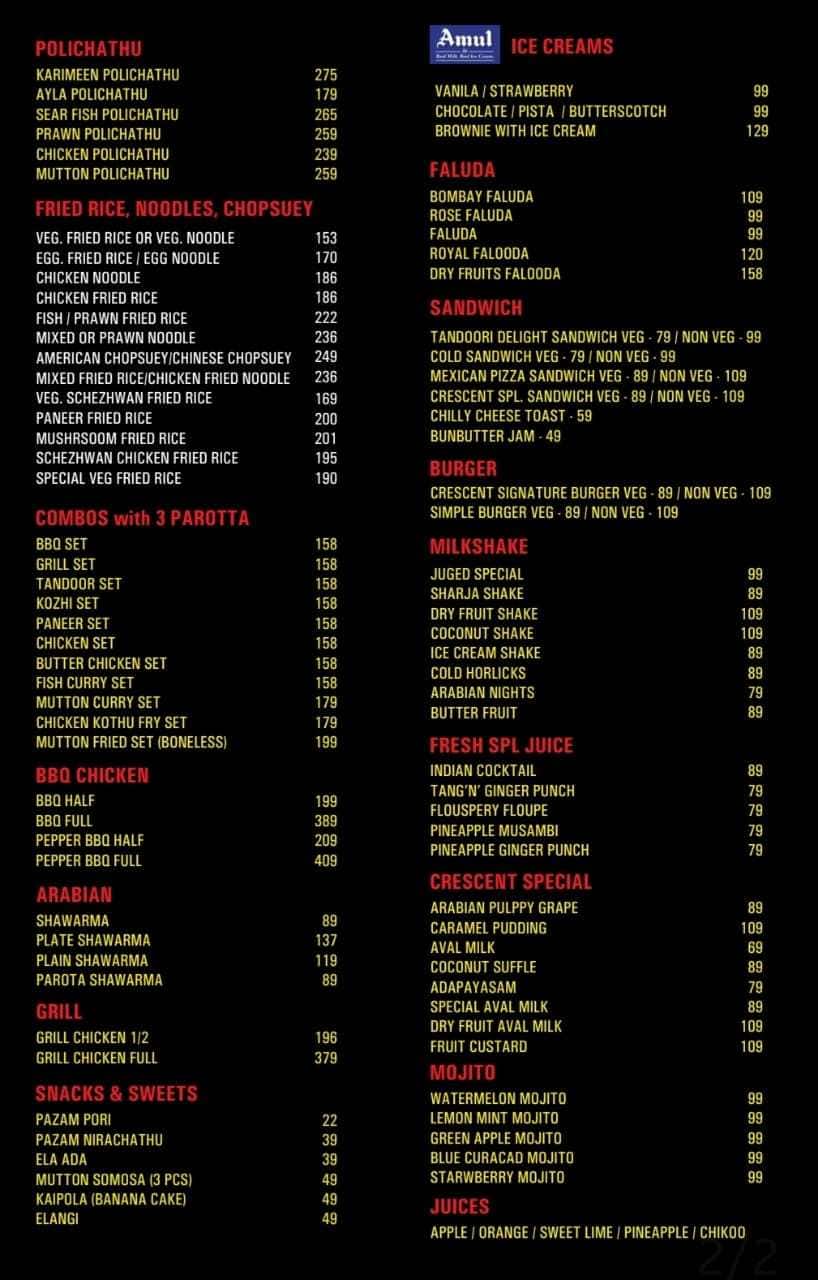Menu at Crescent Restaurant, Taramani, Chennai