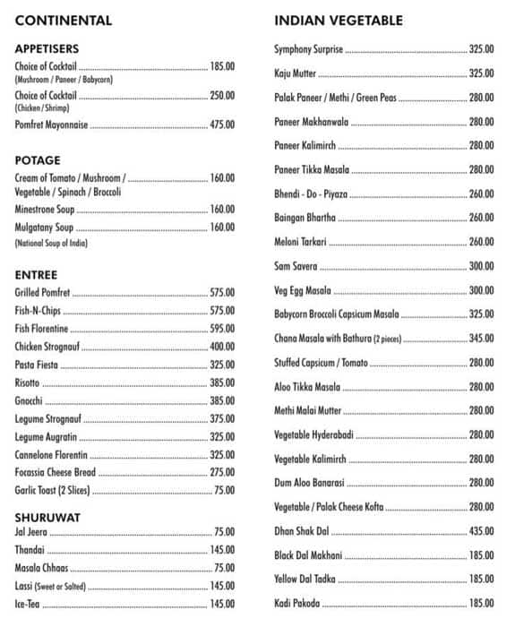 Menu of Symphony, Kemps Corner, Mumbai