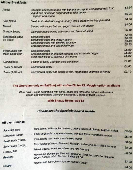 Menu at Little Georgia restaurant, London, 87 Goldsmiths Row