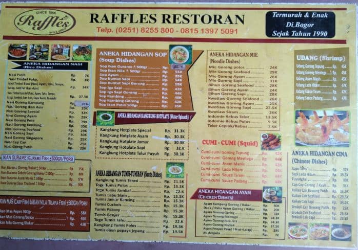 Menu at Raffles restaurant, Bogor