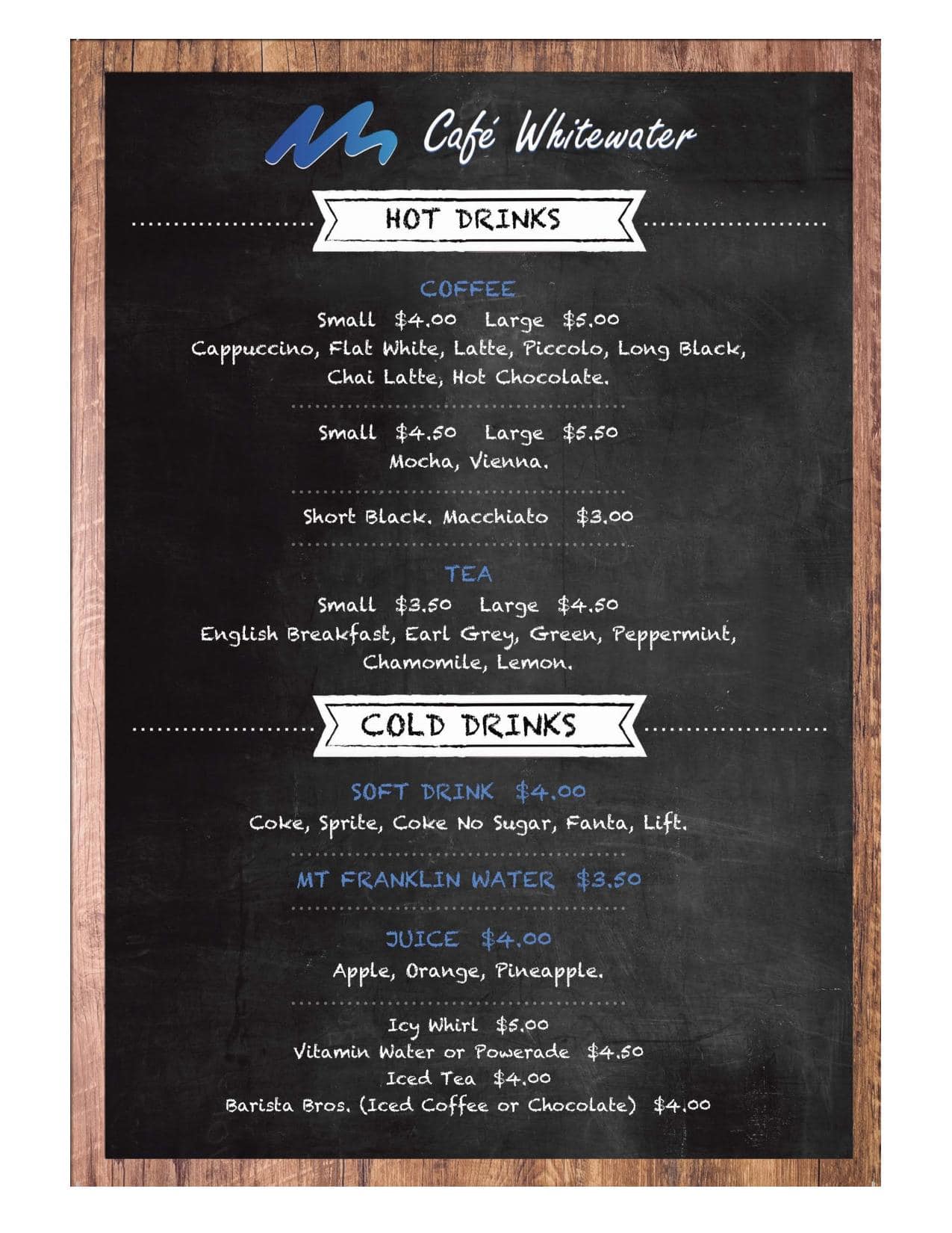 Menu at Café Whitewater cafe, Castlereagh