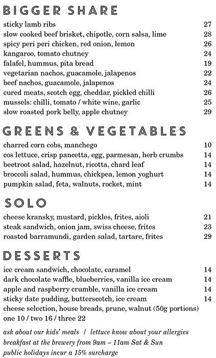 Menu at Little Creatures Brewery, Fremantle pub & bar, Fremantle, 40 ...