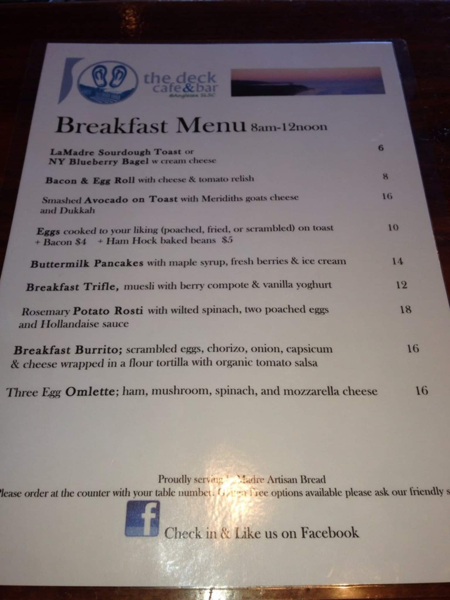 Menu at The Deck Cafe, Anglesea