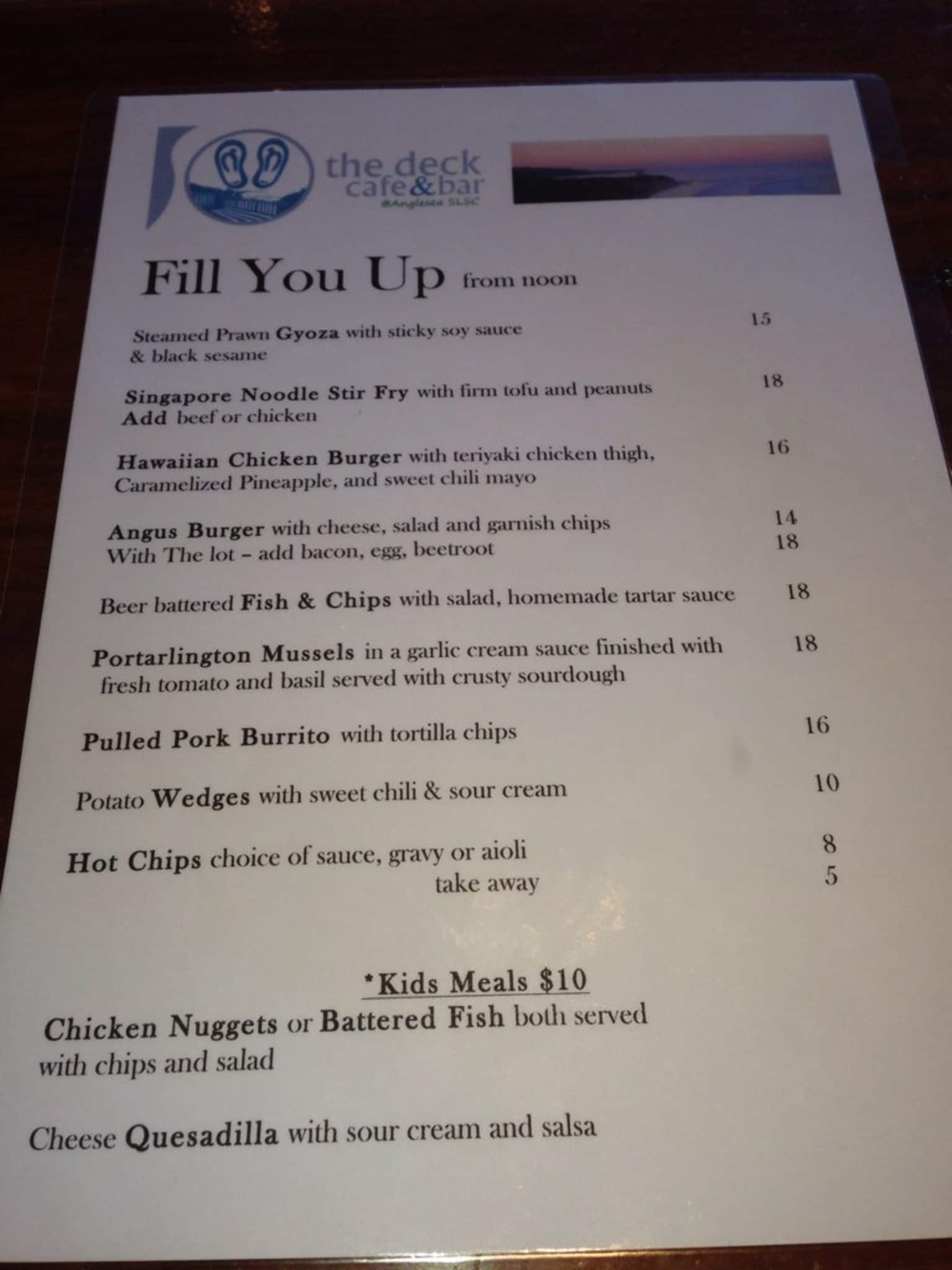 Menu at The Deck Cafe, Anglesea