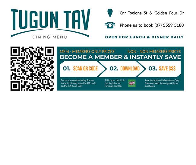 Menu at Tugun Tavern restaurant, Tugun