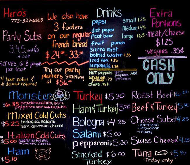 Menu at Hero's Submarine Sandwich Shop fast food, Chicago
