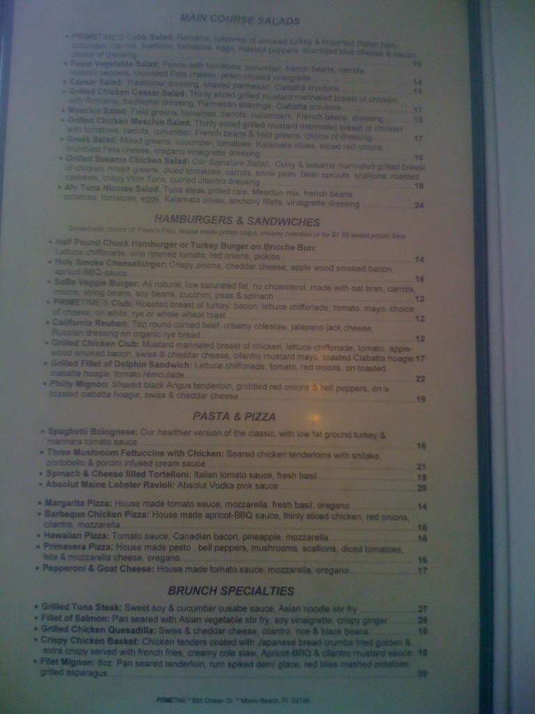 Menu at Time Cafe, Miami Beach, 860 Ocean Dr