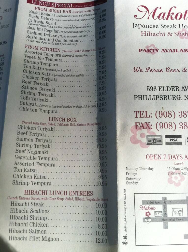 Menu at Makoto restaurant, Phillipsburg