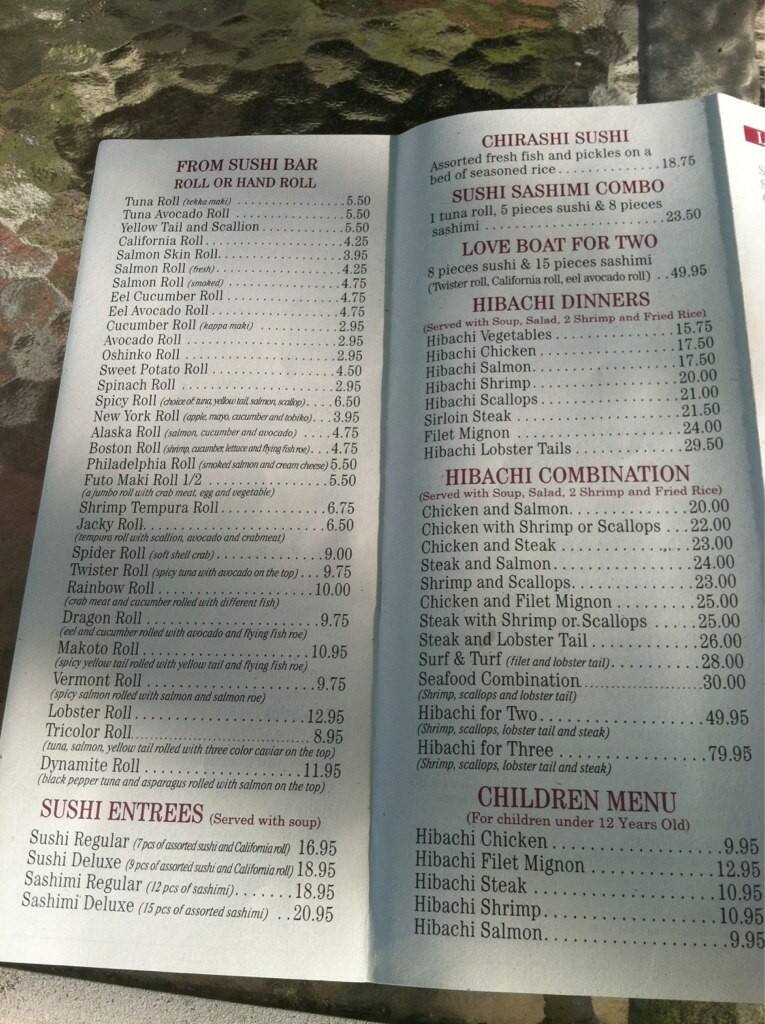 Menu at Makoto restaurant, Phillipsburg