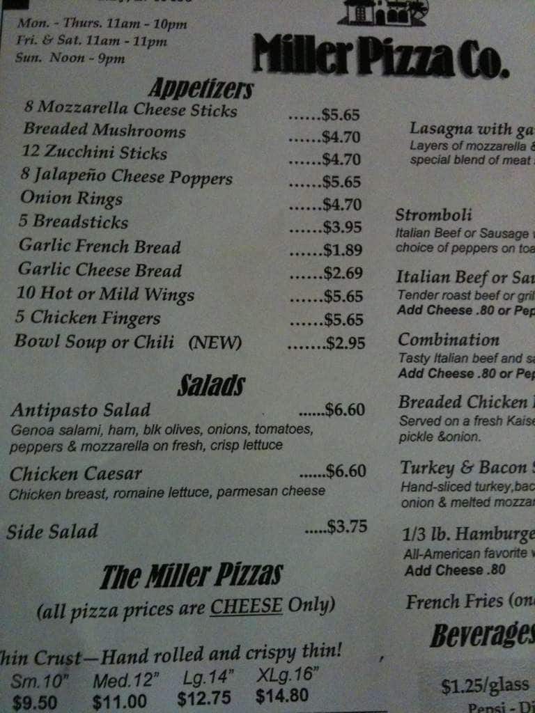 Menu at Miller Pizza pizzeria, Gary