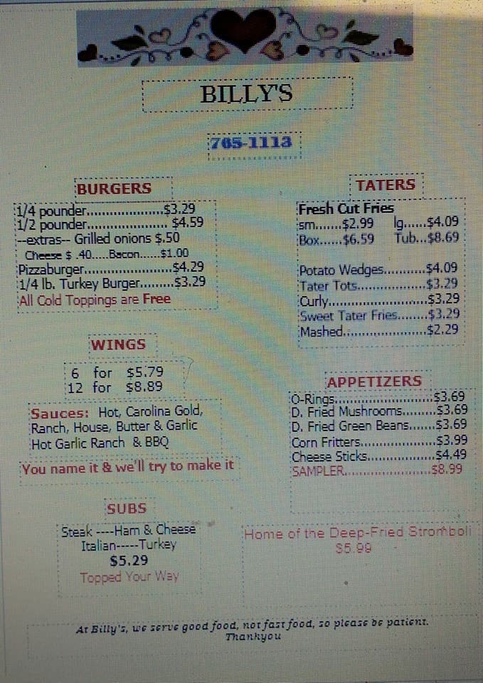 Menu at Billy's Family Restaurant, Clearfield