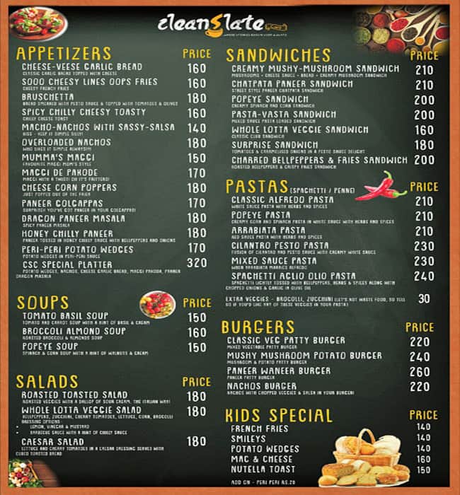Menu of Clean Slate Cafe, Malleshwaram, Bangalore