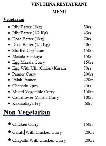 Menu of Vinuthna Restaurant, Medchal Road, Hyderabad