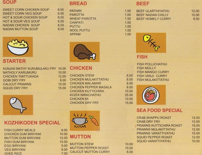 Menu at Calicut Star restaurant, Dubai