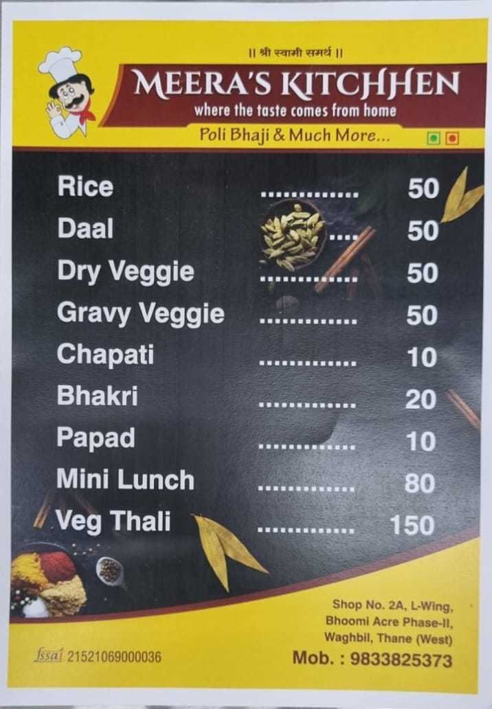 Menu of Meera's Kitchen, Hiranandani Estate, Thane West, Thane