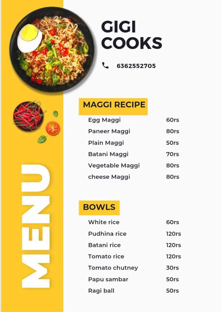 Menu of Gigi Cooks, Rammurthy Nagar, Bangalore