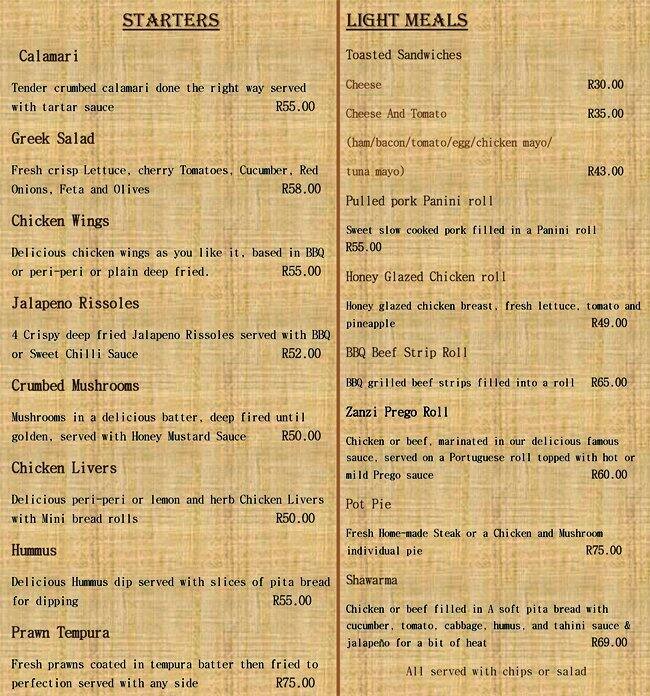Menu au The Zanzi pub et bar, Edenvale