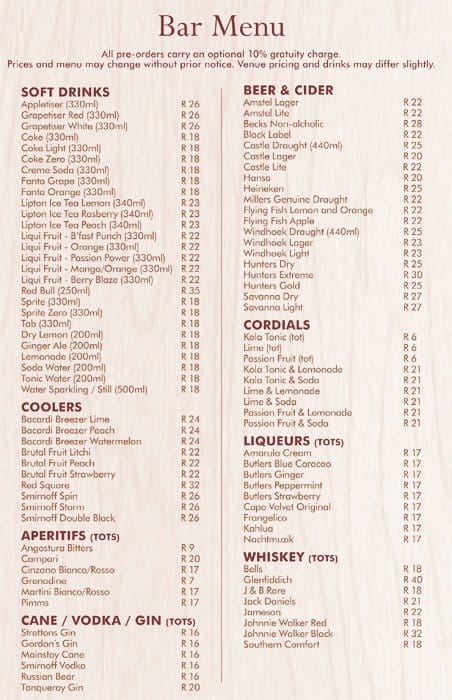 Menu at Barnyard Theatre, Randburg