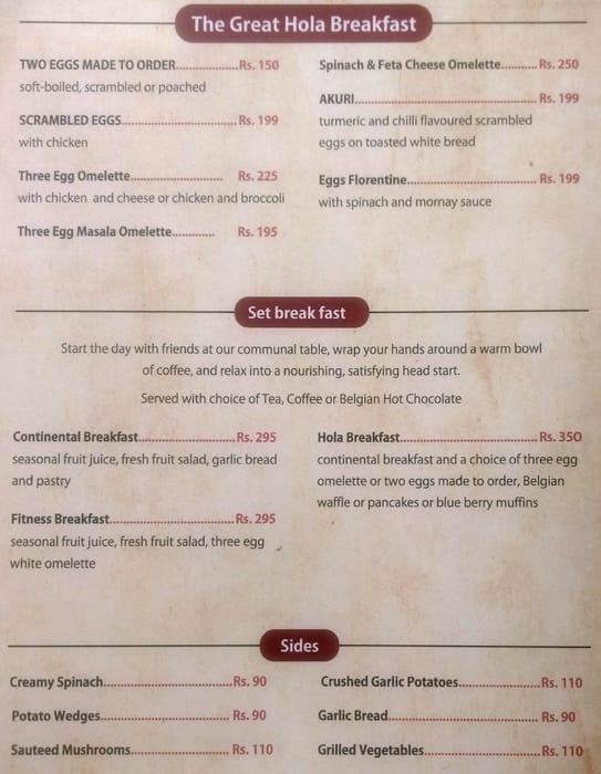 Menu at Hola, Chennai, 6/1