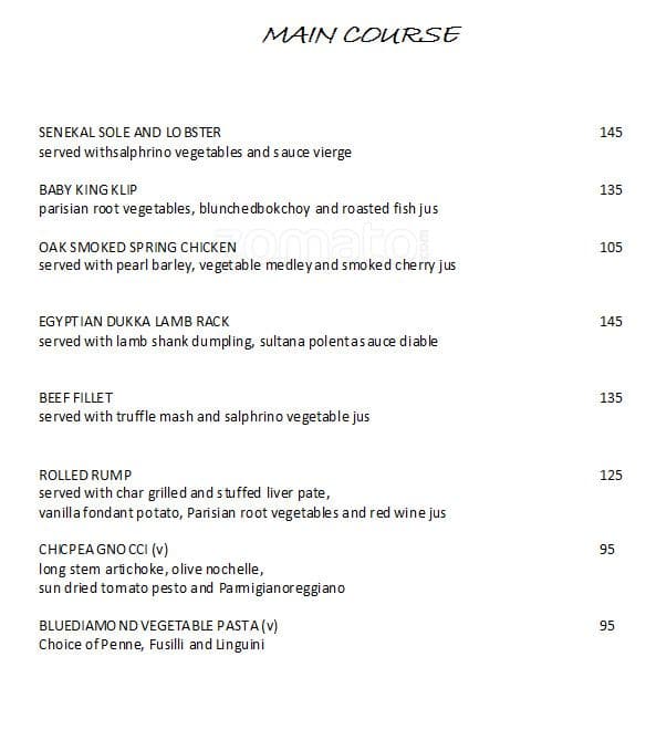 Menu at Blue Diamond Boutique Hotel pub & bar, Pretoria