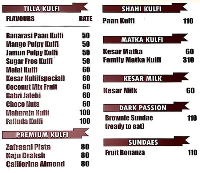Menu of KB's Ice Cream & Kulfis, Old Railway Road, Gurgaon