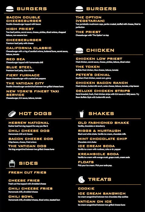 Menu at The Burger's Priest restaurant, Toronto, Queen St E
