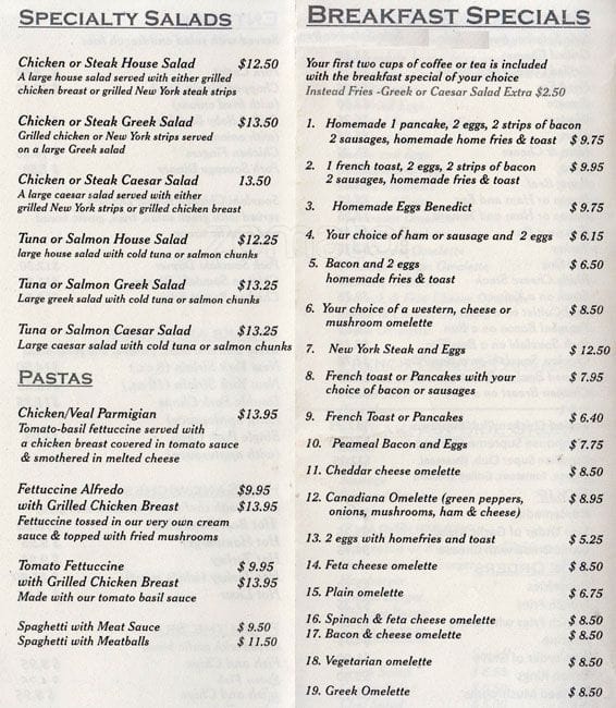Menu at Canadiana Restaurant, Toronto, Lake Shore Blvd W