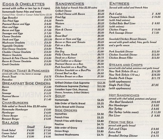 Menu at Canadiana Restaurant, Toronto, Lake Shore Blvd W