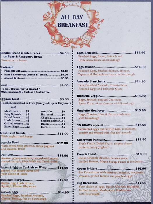 Menu at 18 Grams Espresso cafe, Hurstville