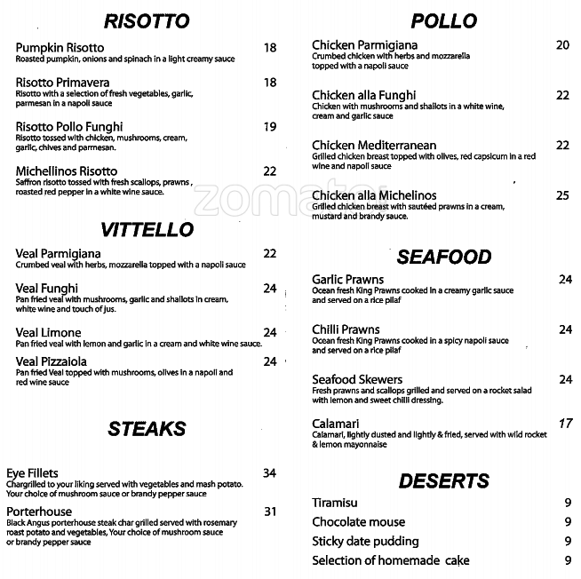 Menu at Michelinos Trattoria pizzeria, Carlton