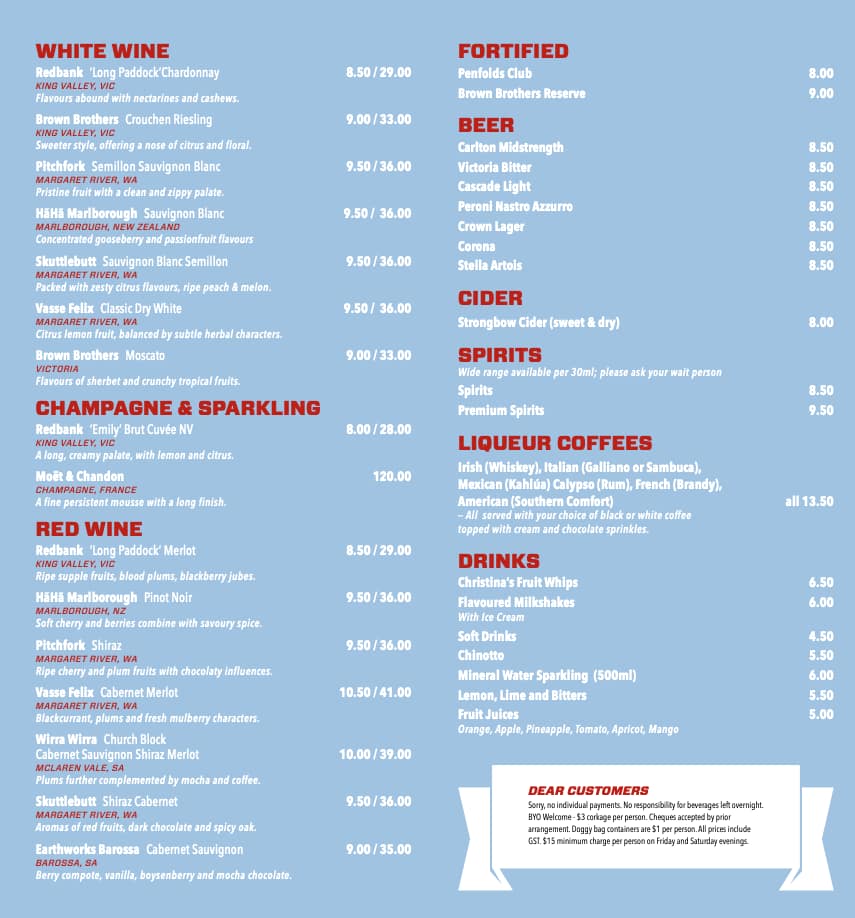 Menu at Christina's Restaurant, East Victoria Park