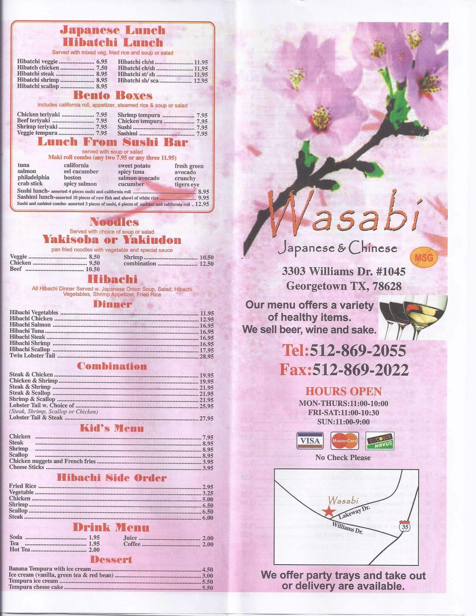 Menu at Wasabi restaurant, Georgetown