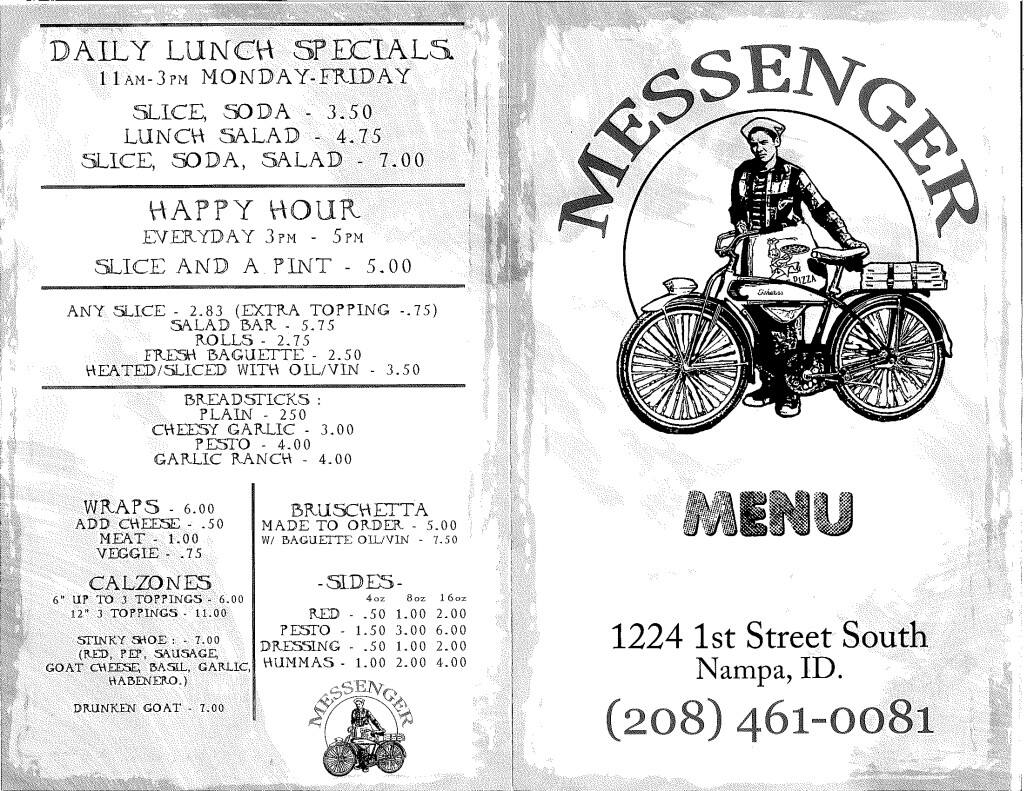 Menu at Messenger Pizza restaurant, Nampa
