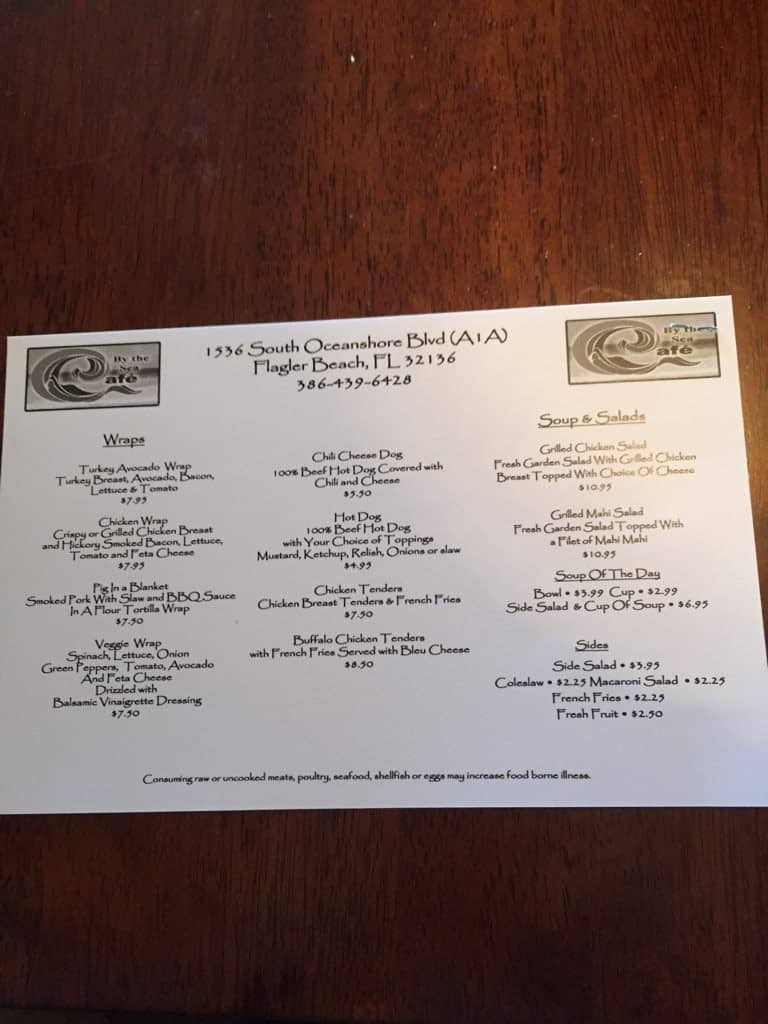 Menu at By The Sea Cafe, Flagler Beach