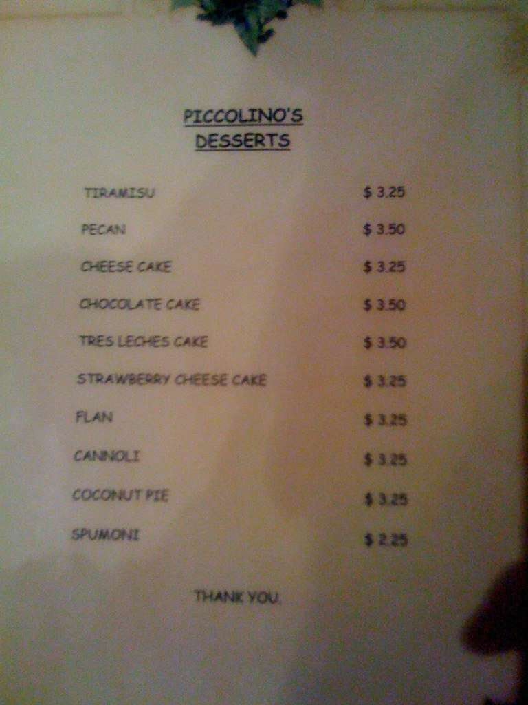 Menu at Piccolino restaurant, Artesia