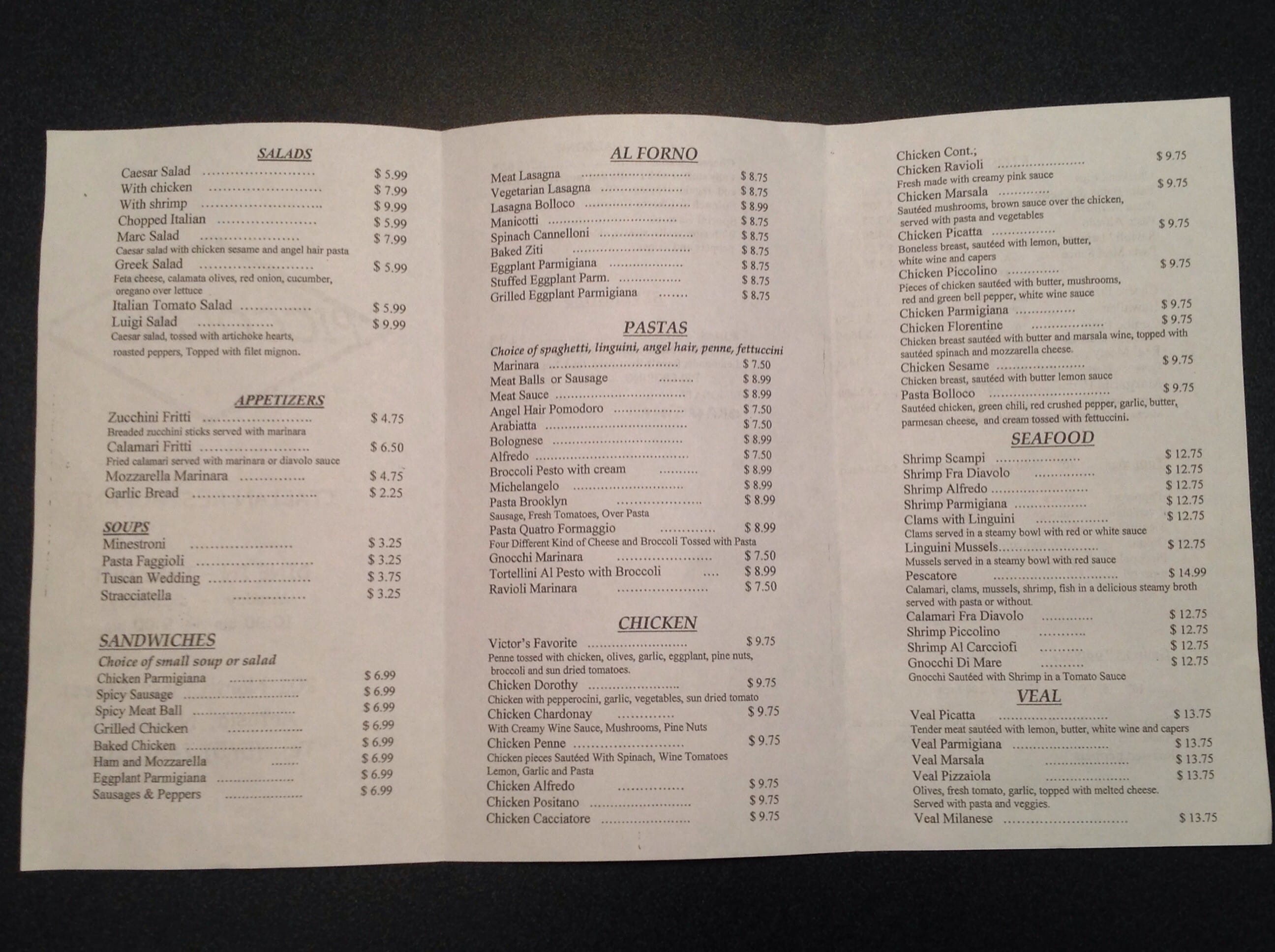 Menu at Piccolino restaurant, Artesia