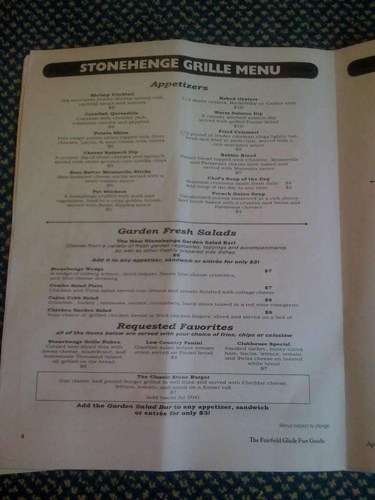 Menu at Stonehenge Grille pub & bar, Fairfield Glade, Peavine Rd