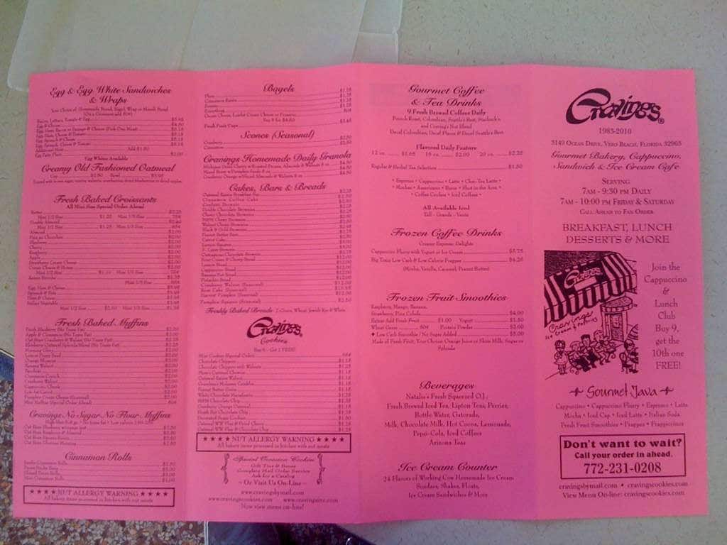 Menu at Cravings cafe, Vero Beach