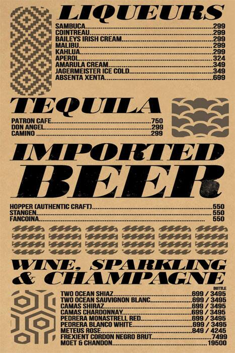 Menu at Mechanics, Chennai