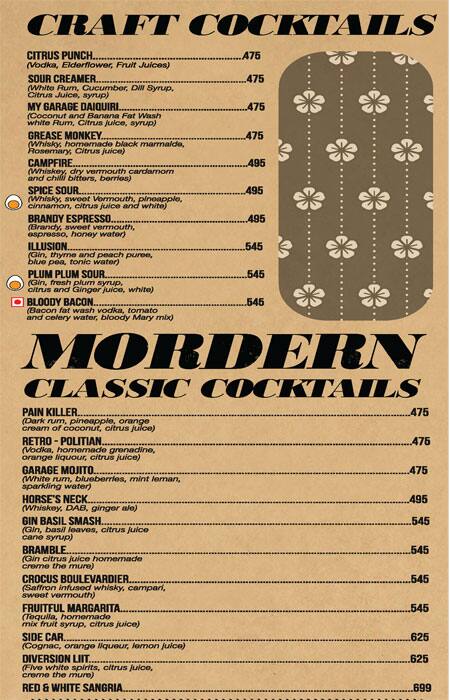 Menu at Mechanics, Chennai