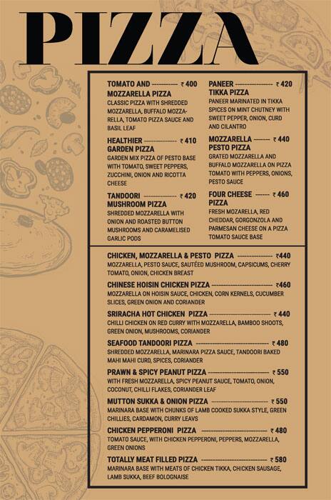 Menu at Mechanics, Chennai