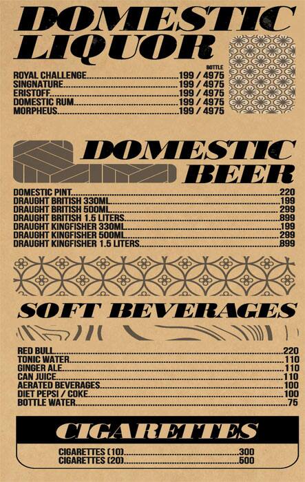 Menu at Mechanics, Chennai