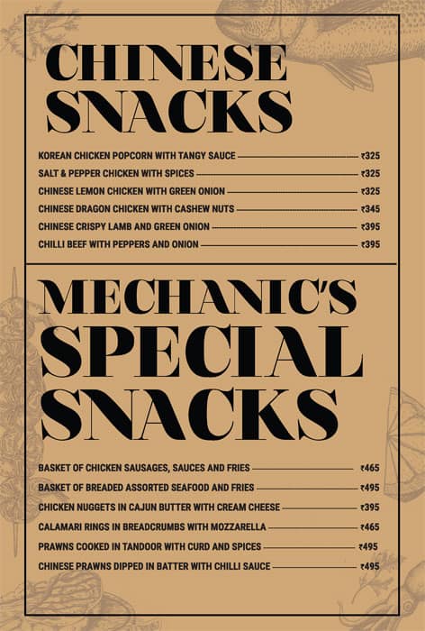 Menu at Mechanics, Chennai